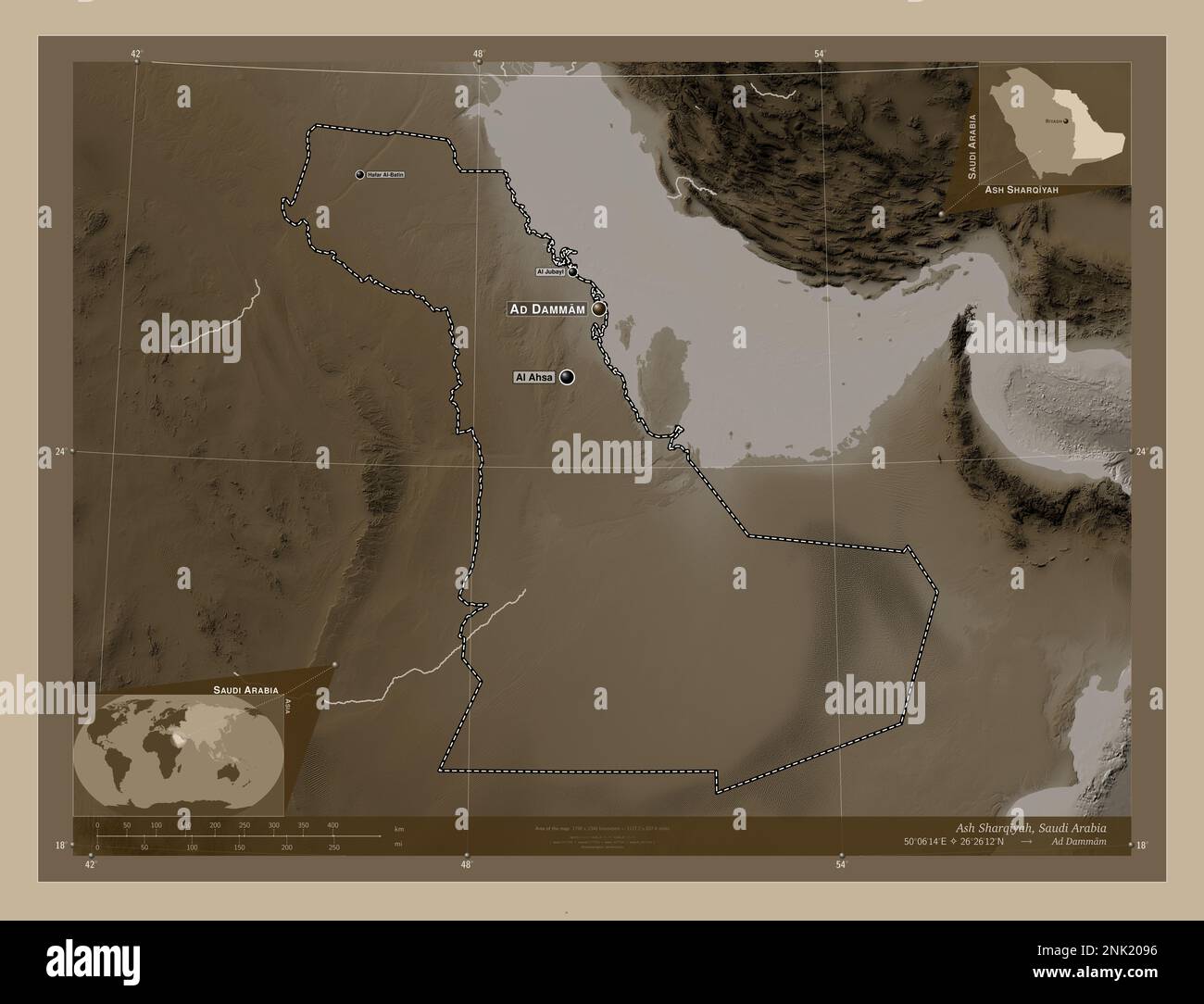 Ash Sharqiyah, region of Saudi Arabia. Elevation map colored in sepia ...