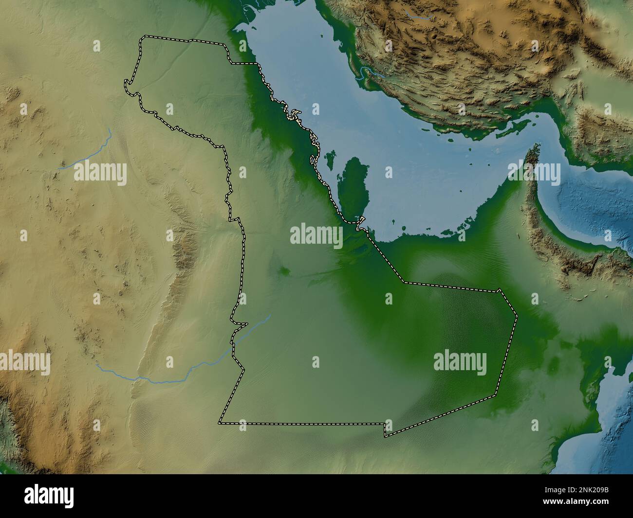 Ash Sharqiyah, region of Saudi Arabia. Colored elevation map with lakes ...