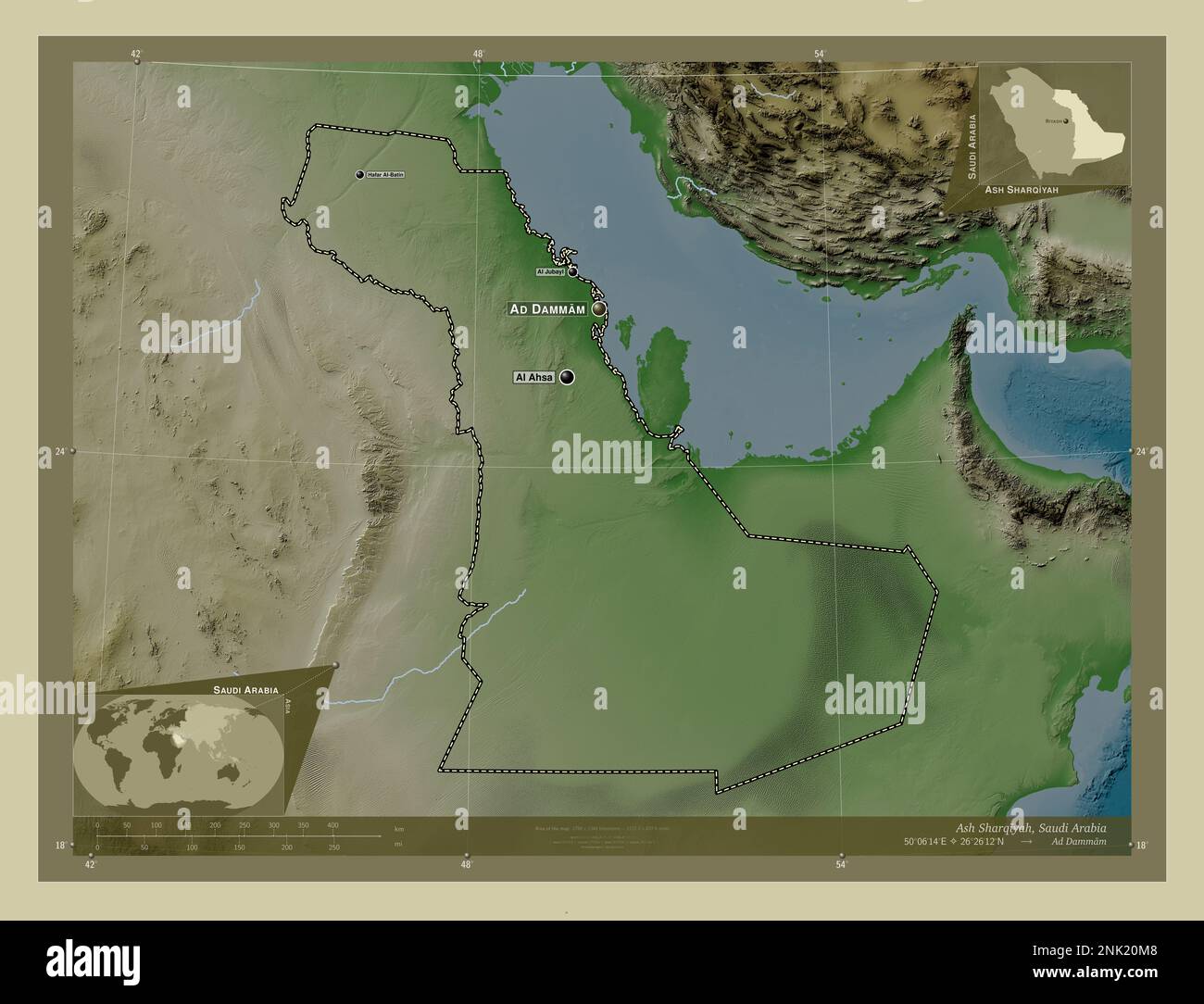Ash Sharqiyah, region of Saudi Arabia. Elevation map colored in wiki ...