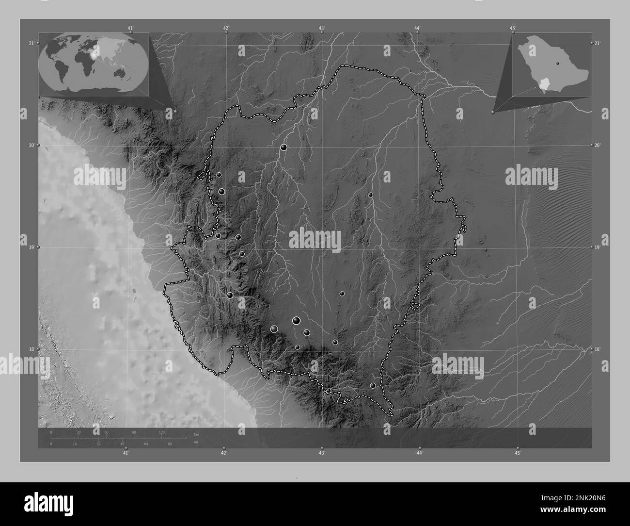 'Asir, region of Saudi Arabia. Grayscale elevation map with lakes and ...