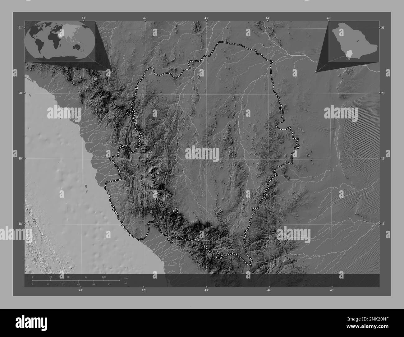 'Asir, region of Saudi Arabia. Bilevel elevation map with lakes and ...