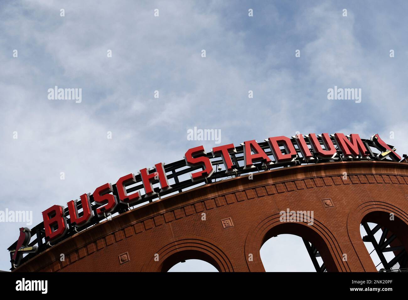 MADISON, IL - JUNE 02: An overview of the Busch Stadium sign is seen ...