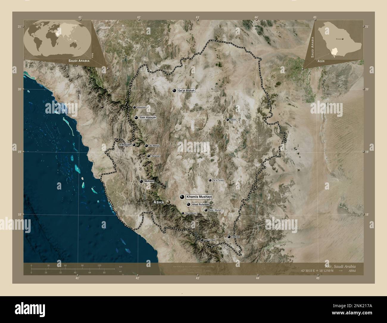 'Asir, region of Saudi Arabia. High resolution satellite map. Locations ...