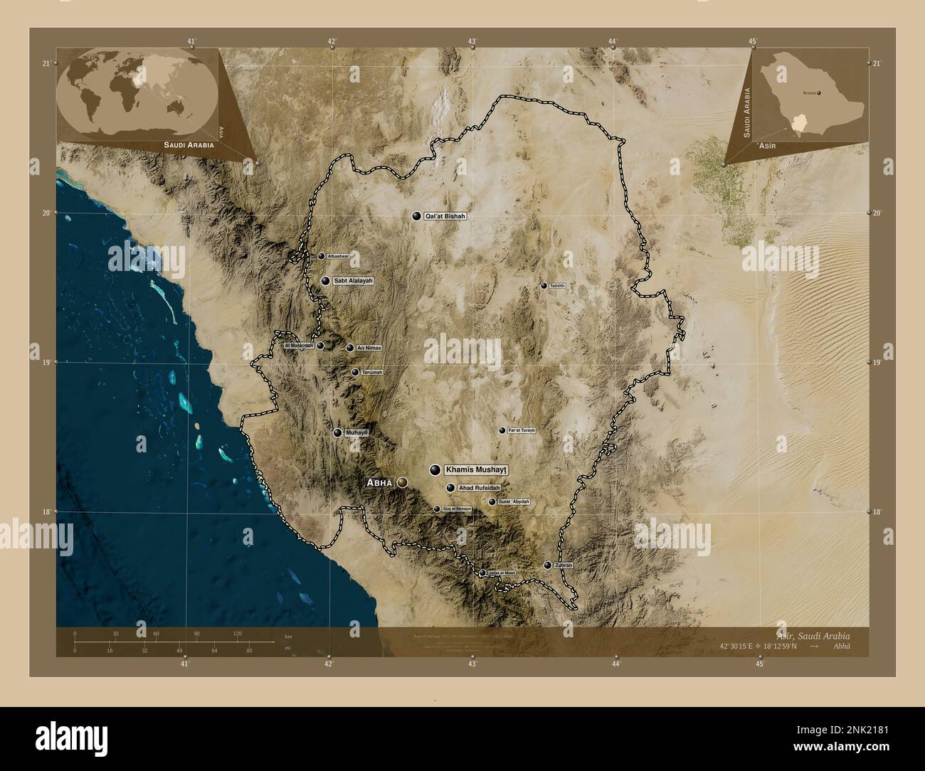 'Asir, region of Saudi Arabia. Low resolution satellite map. Locations ...