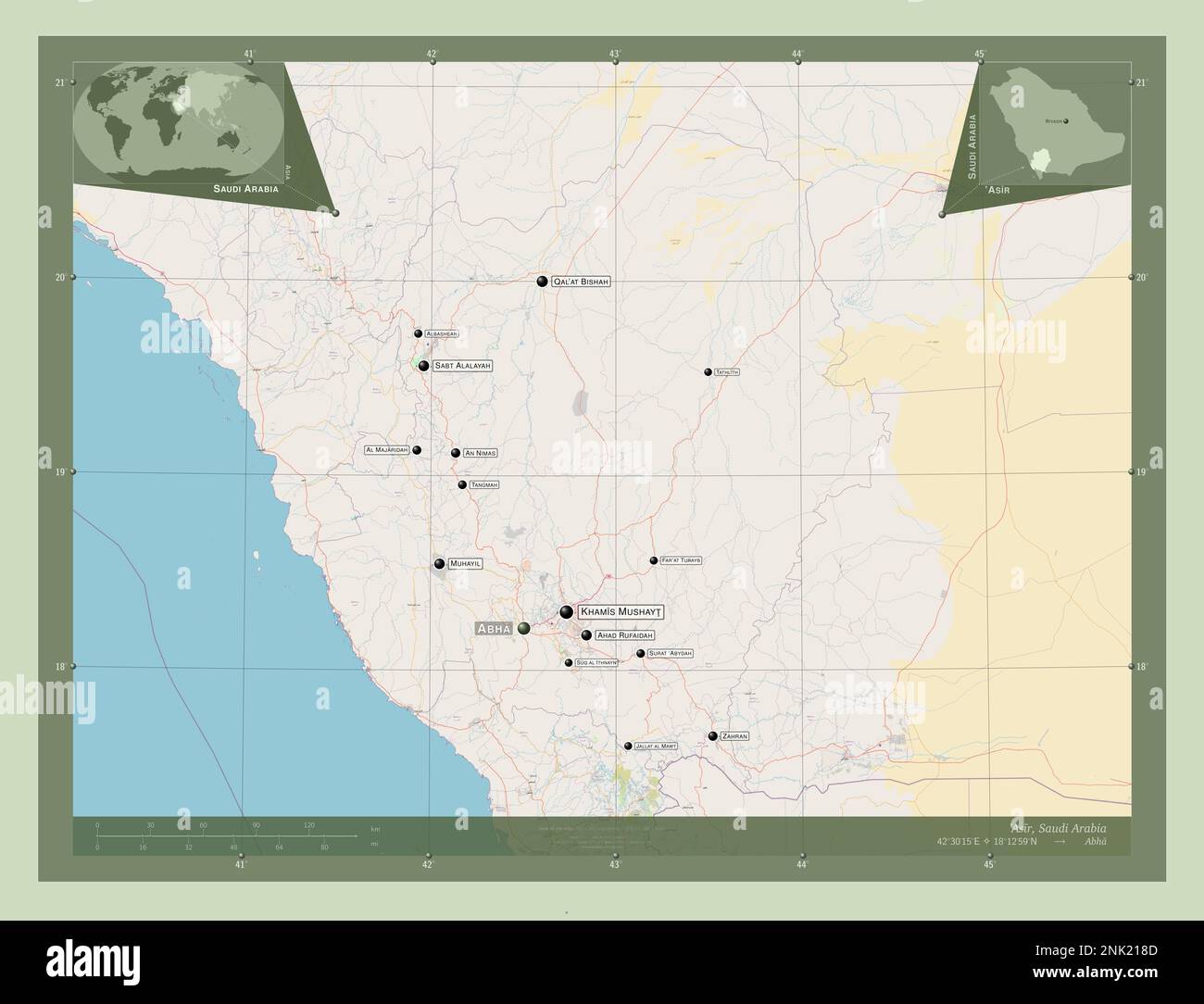 'Asir, region of Saudi Arabia. Open Street Map. Locations and names of ...