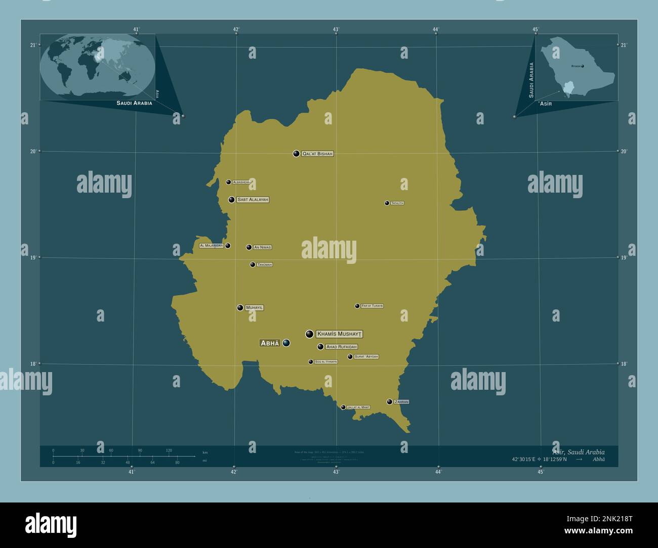'Asir, region of Saudi Arabia. Solid color shape. Locations and names ...