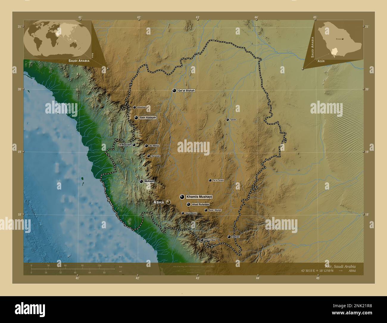 'Asir, region of Saudi Arabia. Colored elevation map with lakes and ...