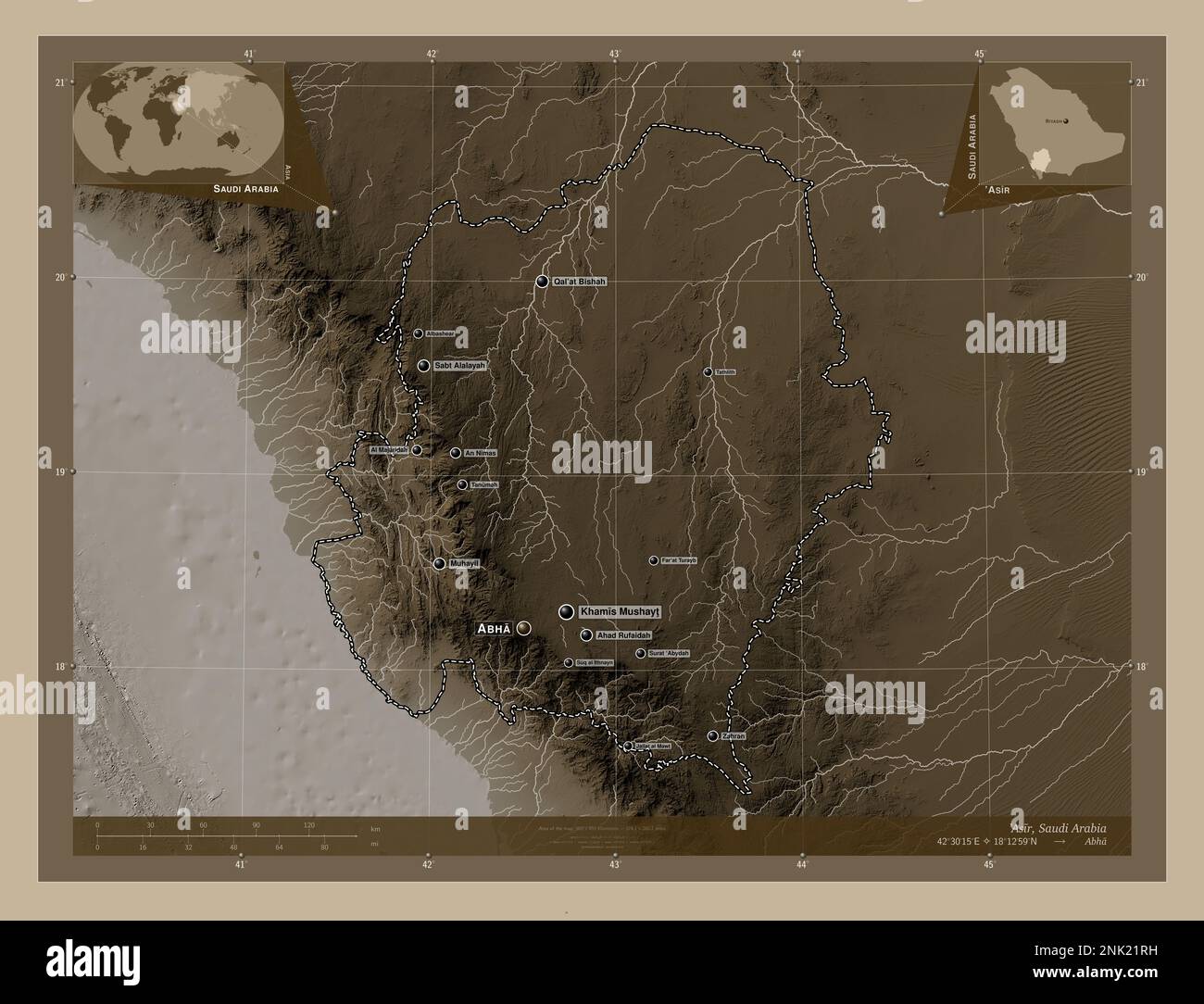 'Asir, region of Saudi Arabia. Elevation map colored in sepia tones ...