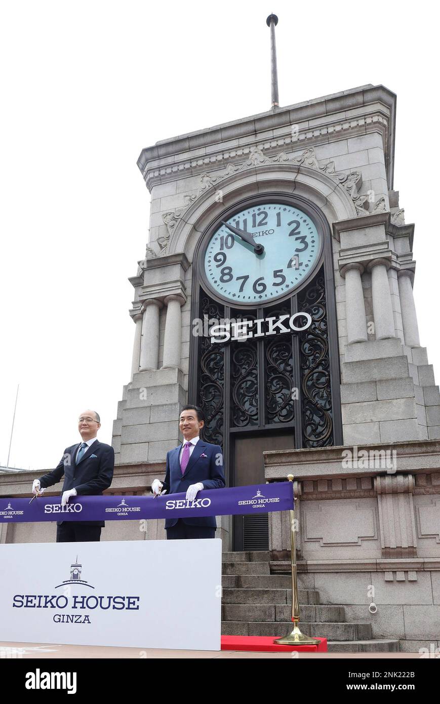 A clock tower, a symbol of Seiko House Ginza is unveiled on the rooftop ...
