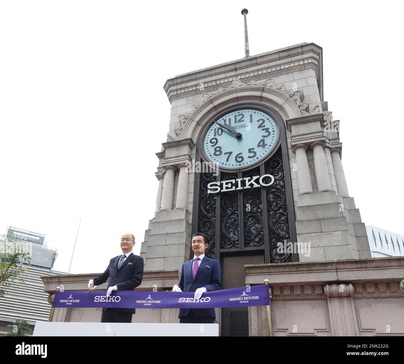 A clock tower, a symbol of Seiko House Ginza is unveiled on the rooftop ...