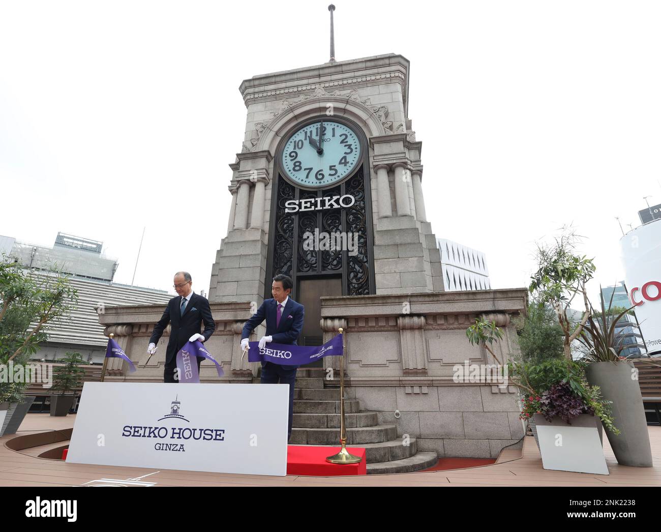 A clock tower, a symbol of Seiko House Ginza is unveiled on the rooftop ...