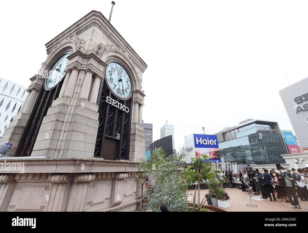 A clock tower, a symbol of Seiko House Ginza is unveiled on the rooftop ...