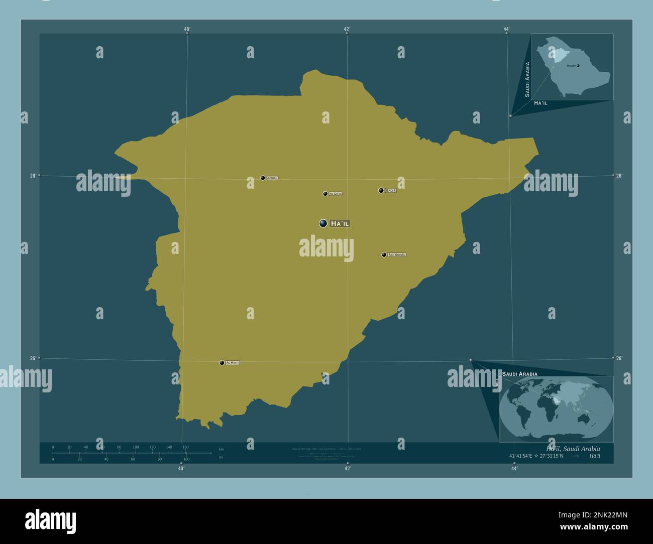 Ha'il, region of Saudi Arabia. Solid color shape. Locations and names ...
