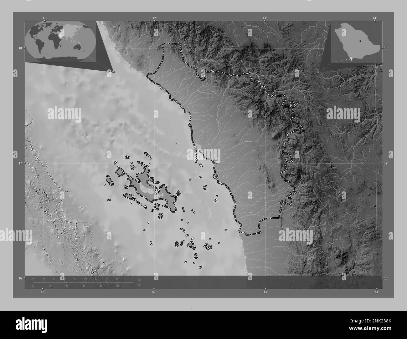 Jazan, region of Saudi Arabia. Grayscale elevation map with lakes and ...