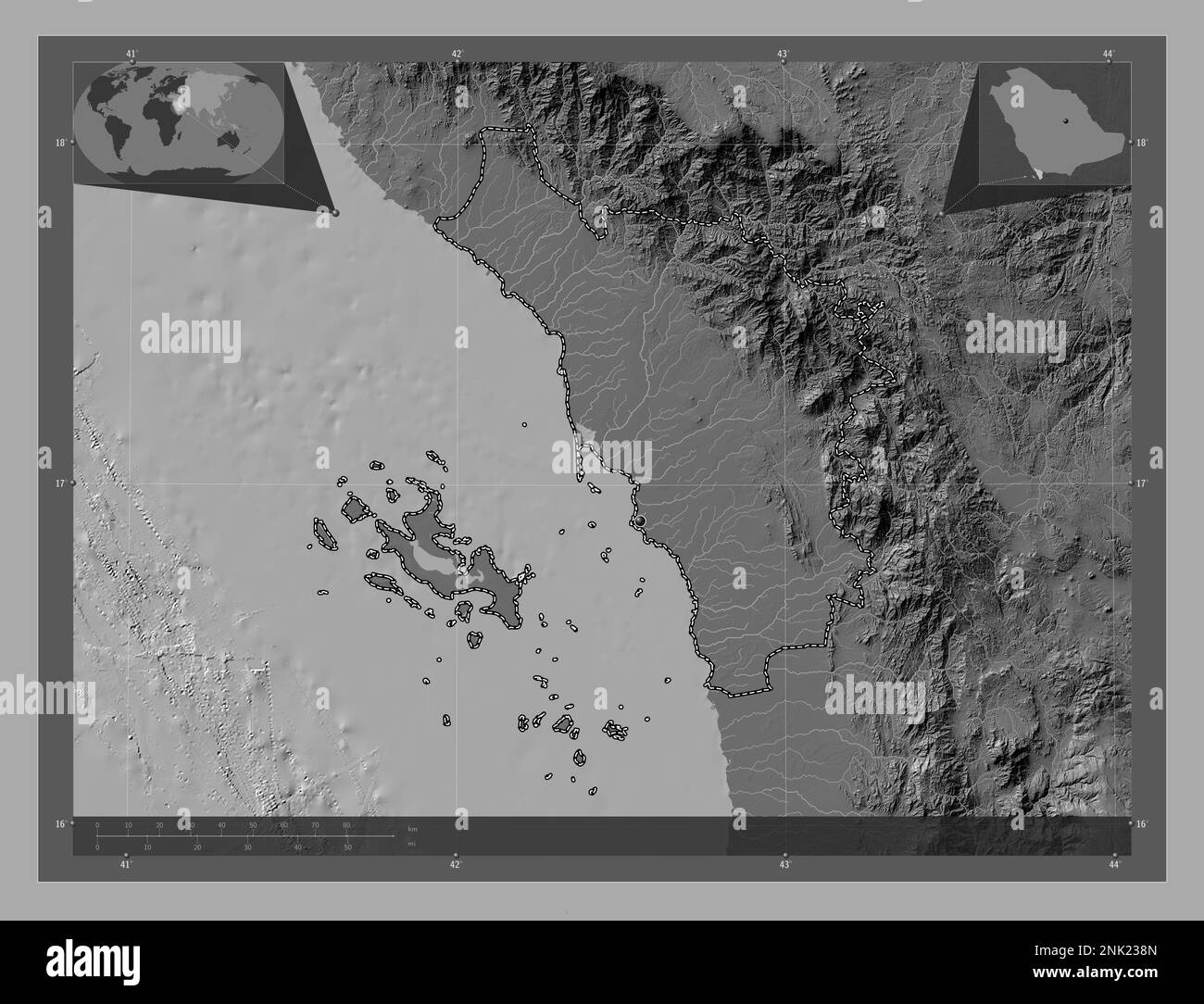 Jazan, region of Saudi Arabia. Bilevel elevation map with lakes and ...