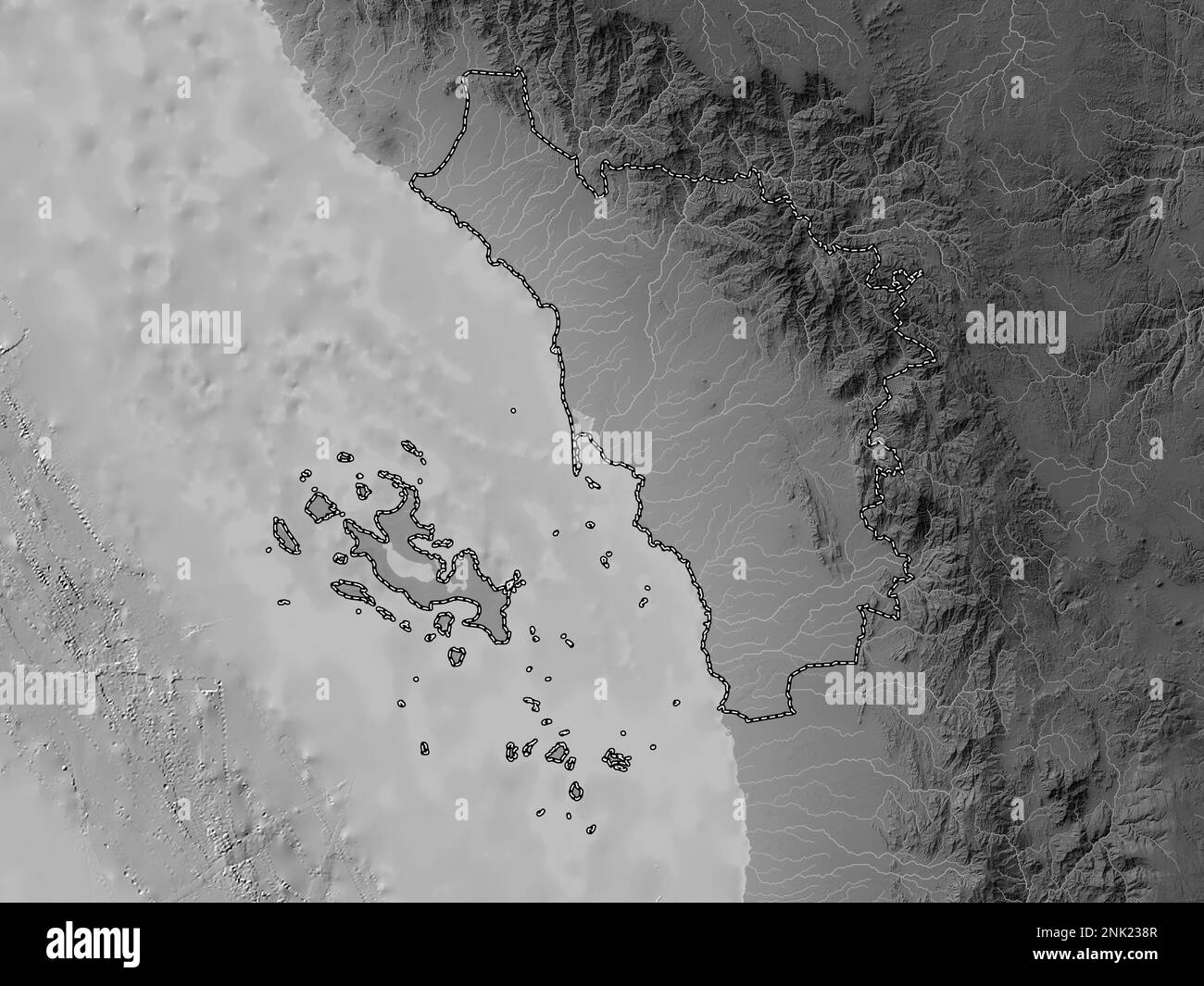Jazan, region of Saudi Arabia. Grayscale elevation map with lakes and ...