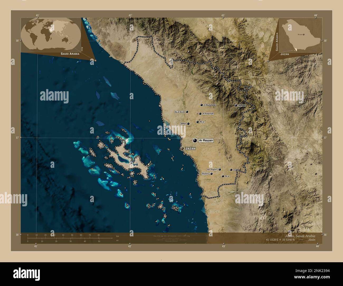 Jazan, region of Saudi Arabia. Low resolution satellite map. Locations ...