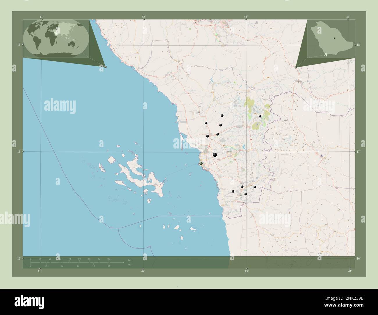 Jazan, region of Saudi Arabia. Open Street Map. Locations of major ...