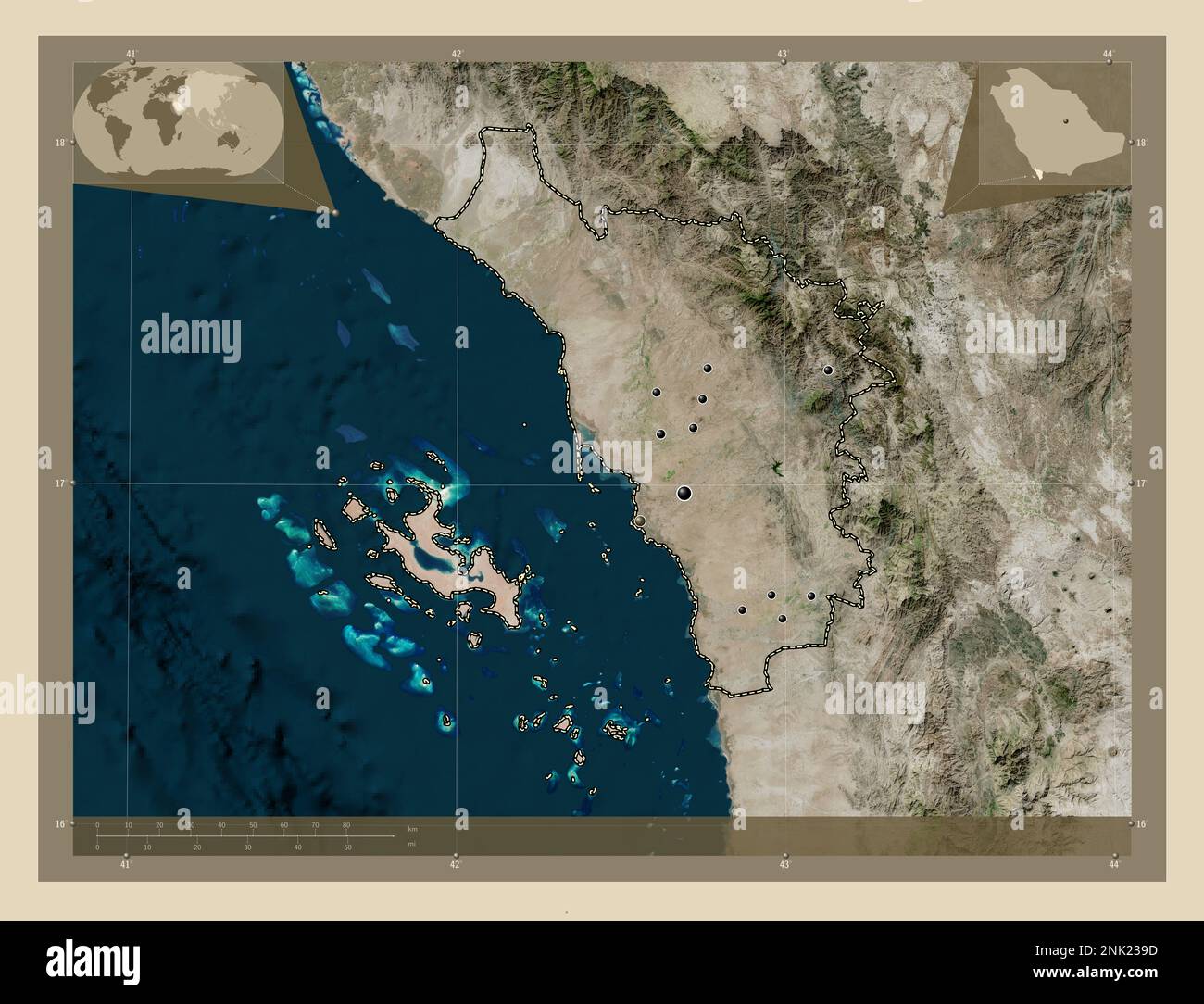 Jazan, region of Saudi Arabia. High resolution satellite map. Locations ...