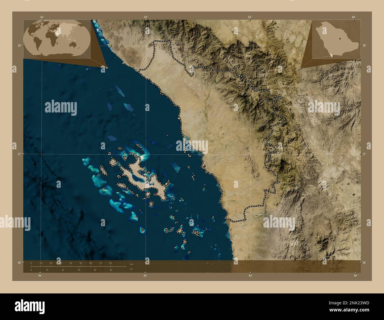 Jazan, region of Saudi Arabia. Low resolution satellite map. Corner ...