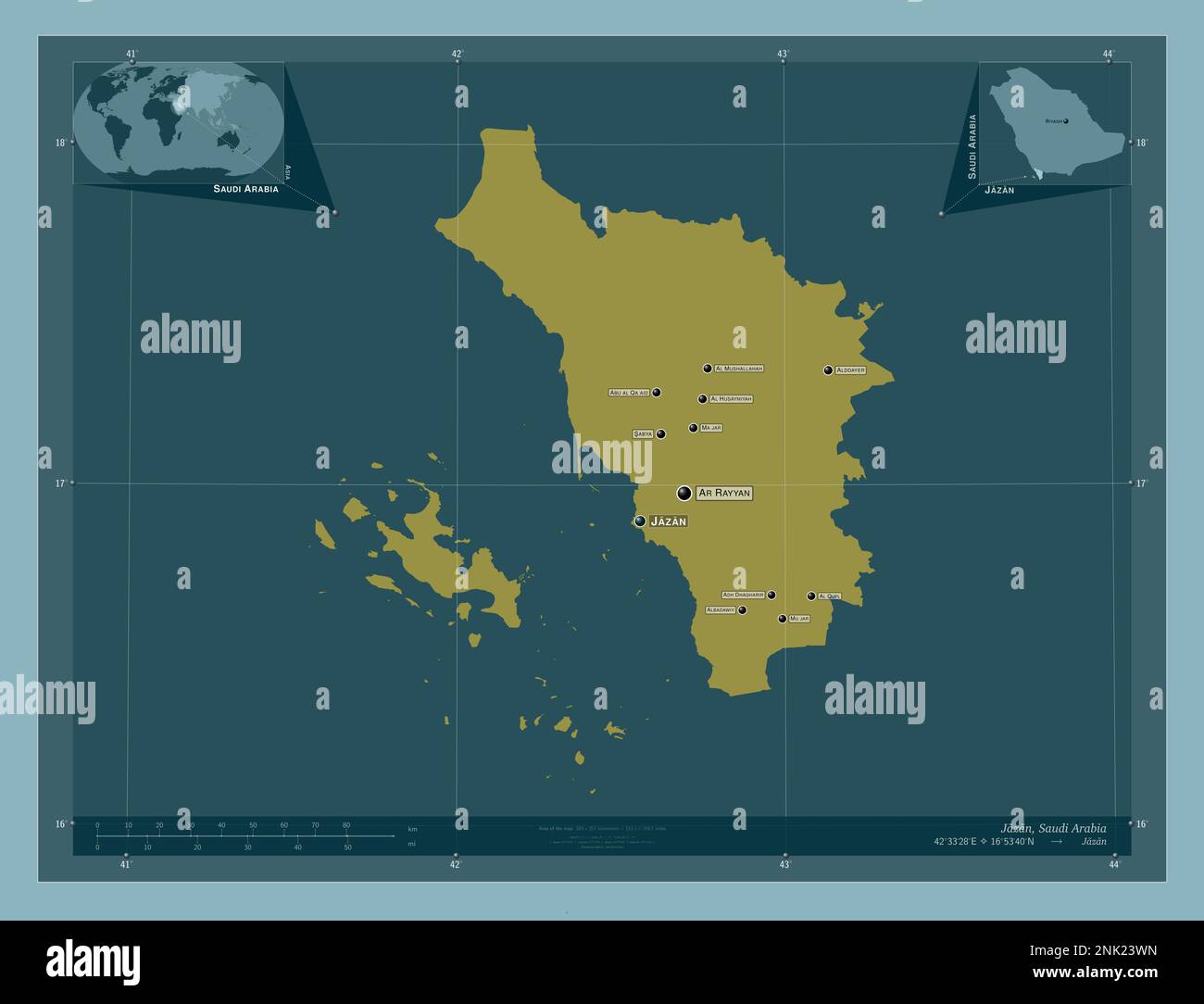 Jazan, region of Saudi Arabia. Solid color shape. Locations and names ...
