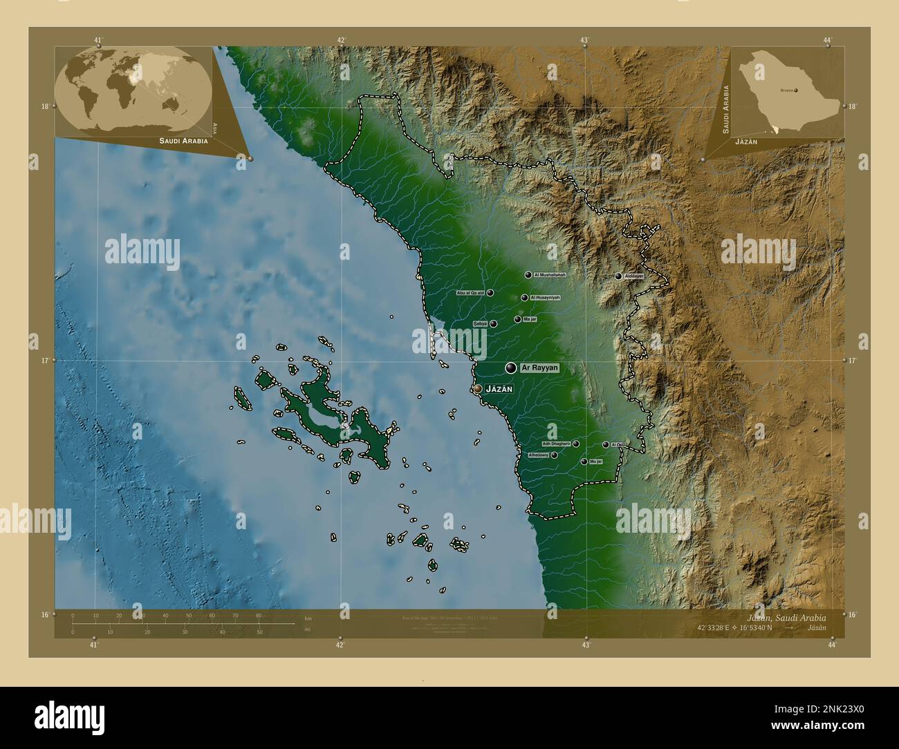 Jazan, region of Saudi Arabia. Colored elevation map with lakes and ...