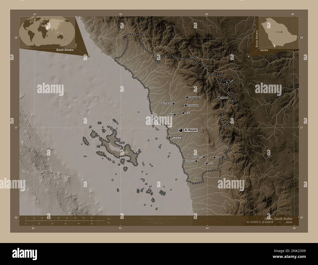 Jazan, region of Saudi Arabia. Elevation map colored in sepia tones ...