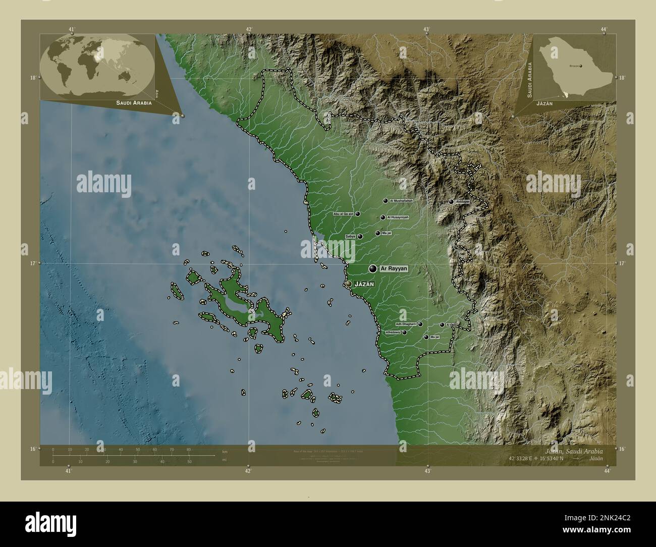 Jazan, region of Saudi Arabia. Elevation map colored in wiki style with ...