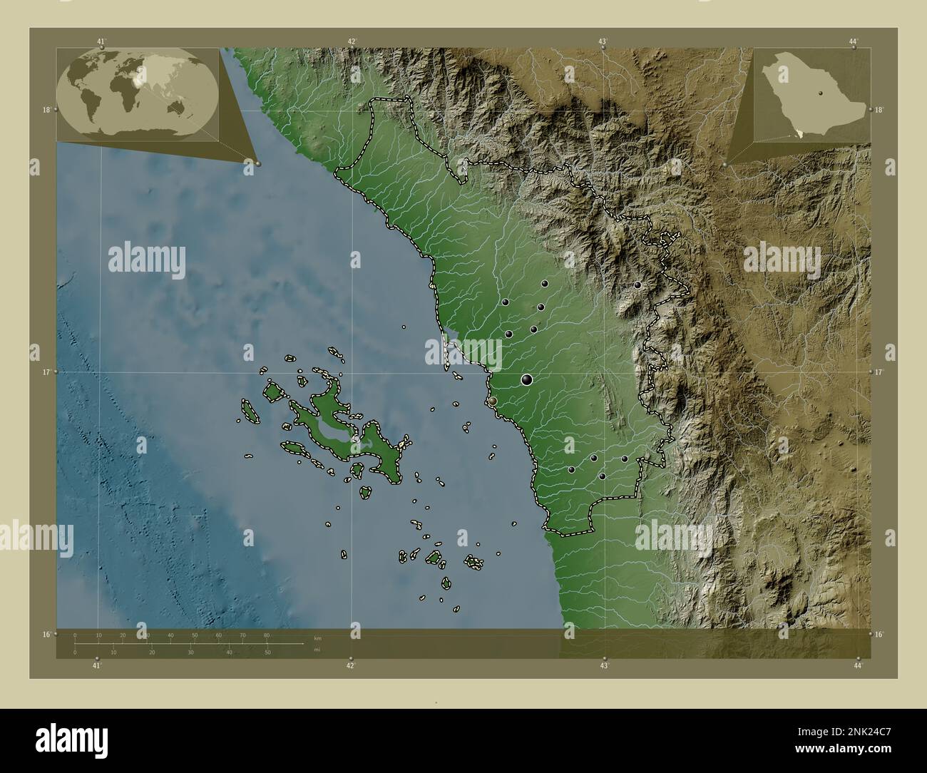 Jazan, region of Saudi Arabia. Elevation map colored in wiki style with ...