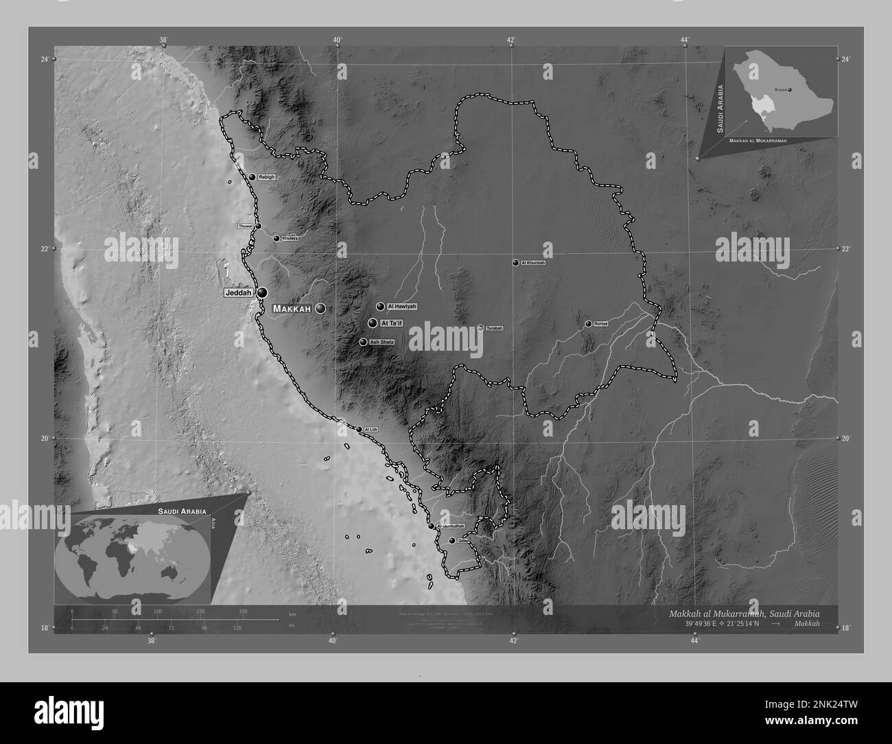 Makkah al Mukarramah, region of Saudi Arabia. Grayscale elevation map ...