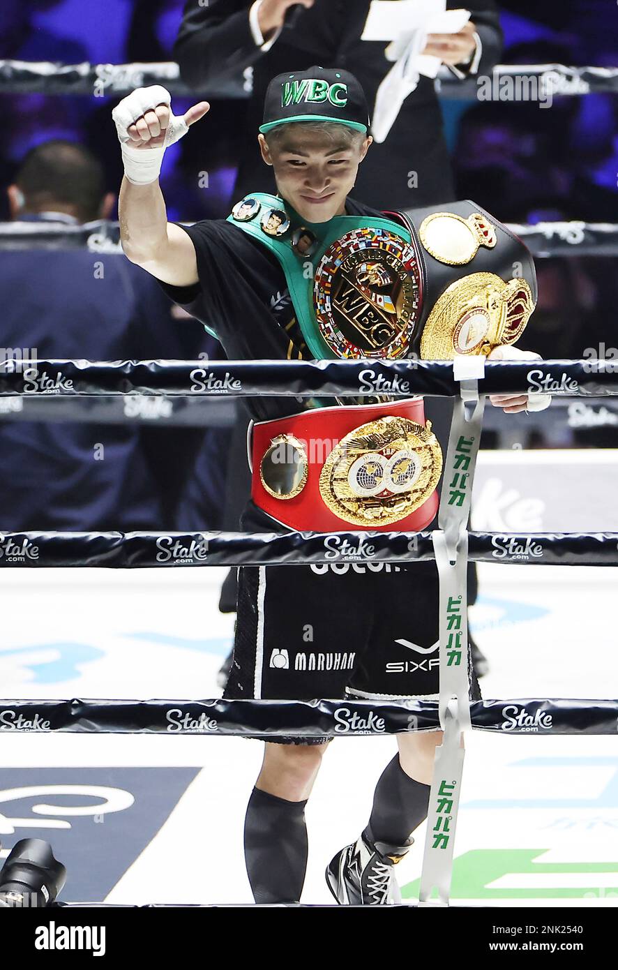 Naoya Inoue of Japan celebrates after winning the Unified Bantamweight ...