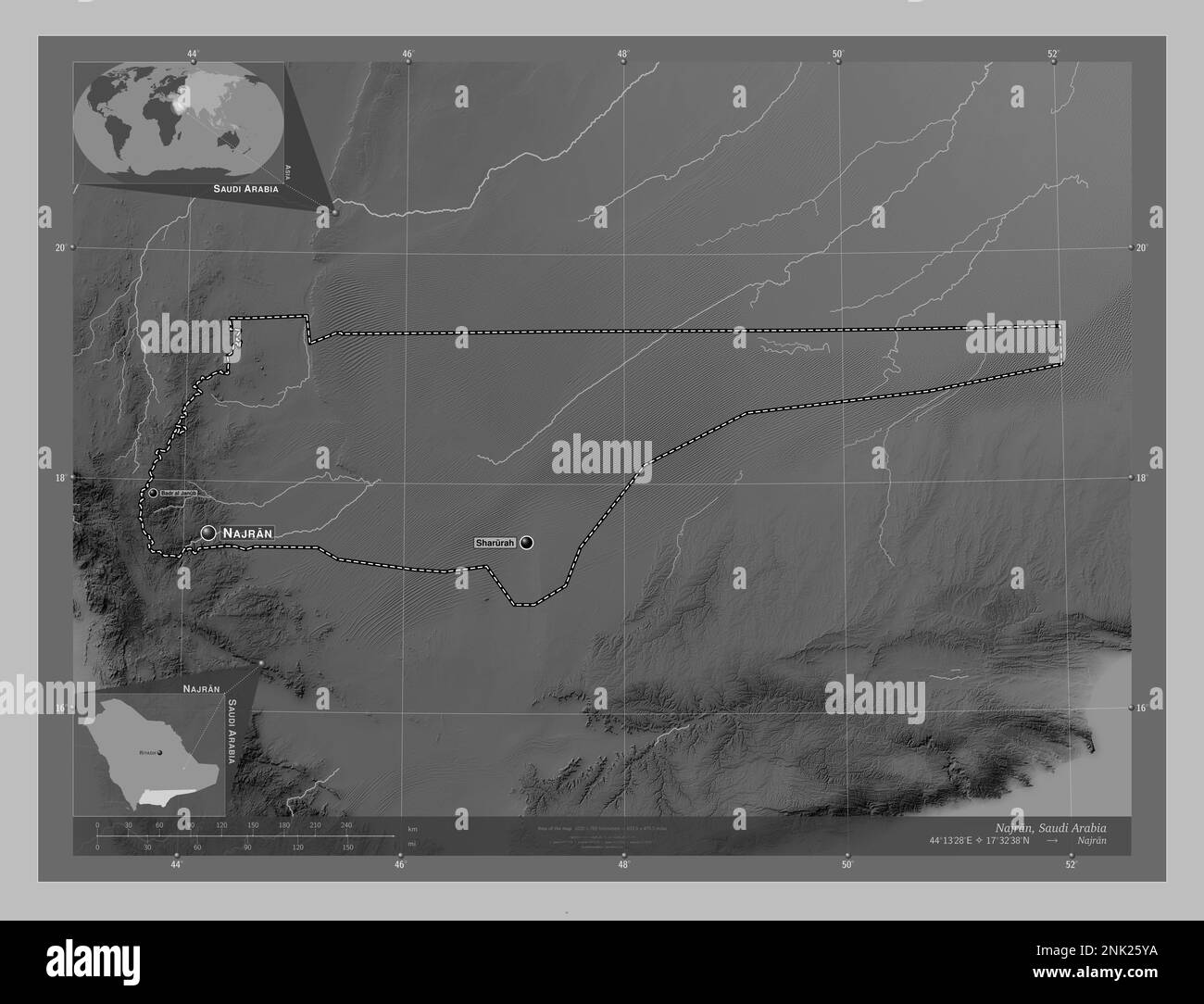 Najran, region of Saudi Arabia. Grayscale elevation map with lakes and ...