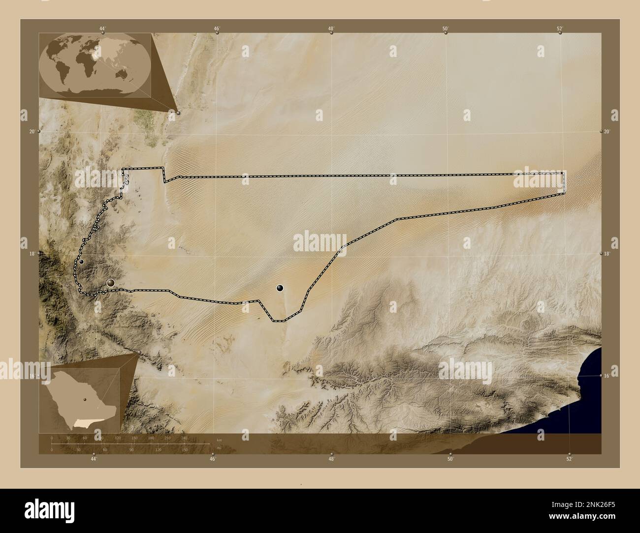 Najran, region of Saudi Arabia. Low resolution satellite map. Locations ...