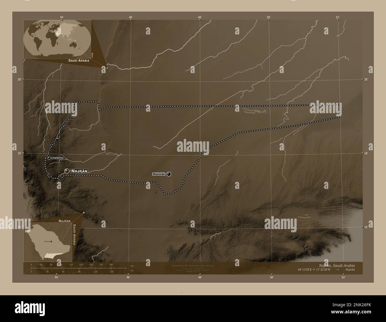 Najran, region of Saudi Arabia. Elevation map colored in sepia tones ...