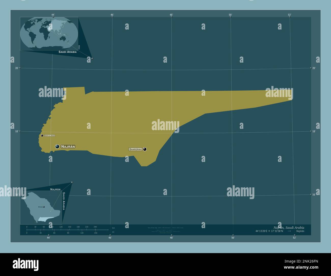 Najran, region of Saudi Arabia. Solid color shape. Locations and names ...