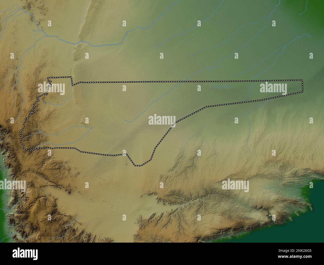 Najran, region of Saudi Arabia. Colored elevation map with lakes and ...