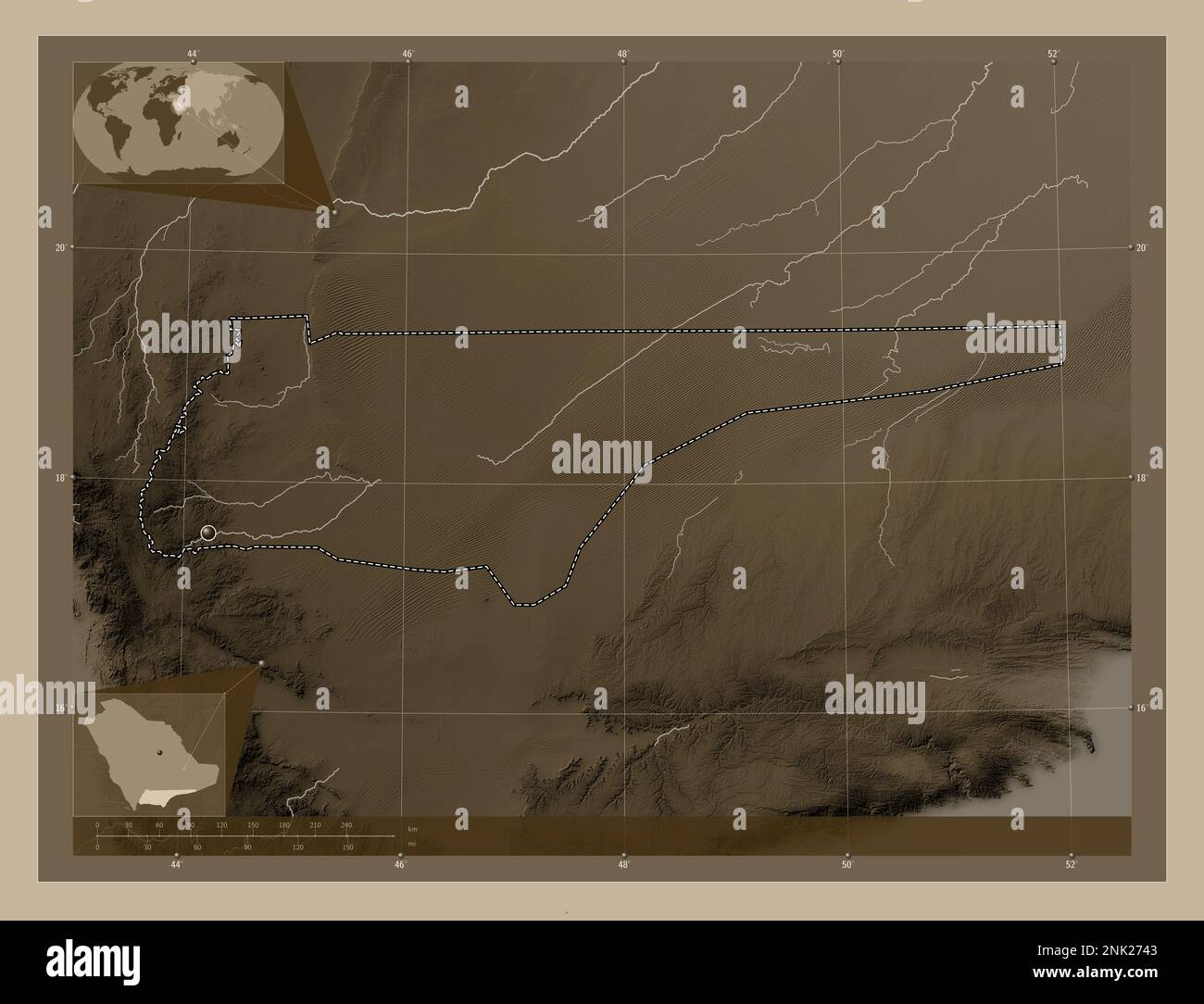 Najran, region of Saudi Arabia. Elevation map colored in sepia tones ...