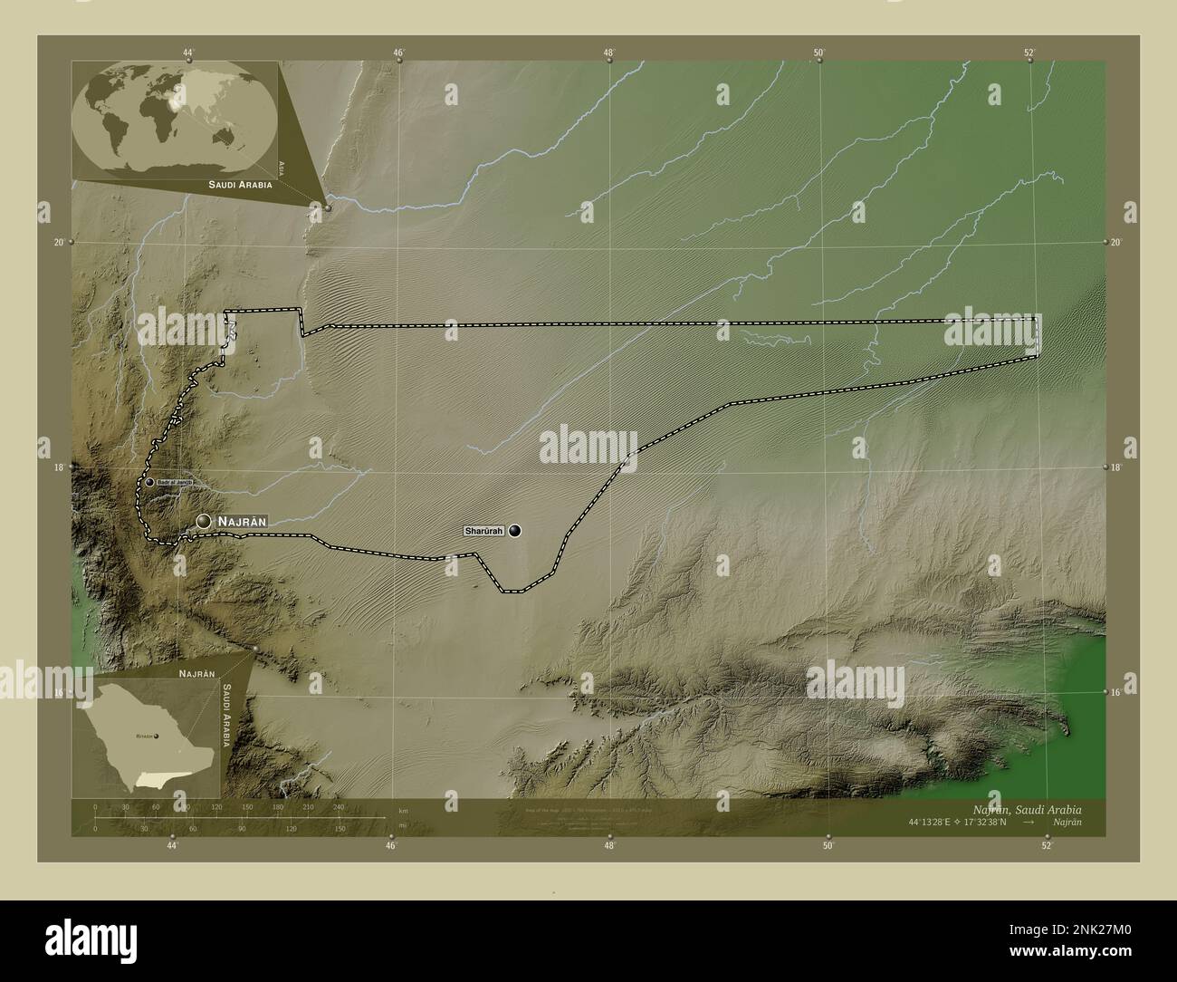 Najran, region of Saudi Arabia. Elevation map colored in wiki style ...