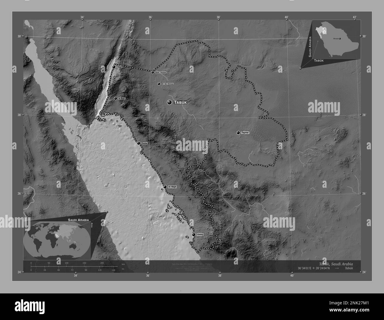 Tabuk, region of Saudi Arabia. Bilevel elevation map with lakes and ...