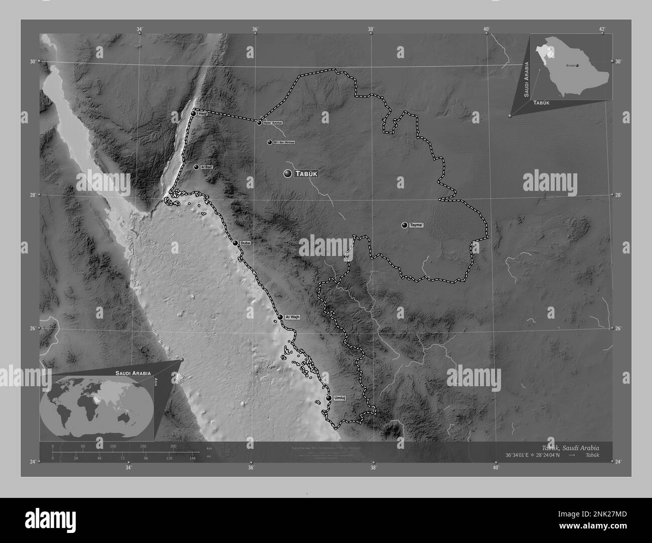 Tabuk, region of Saudi Arabia. Grayscale elevation map with lakes and ...