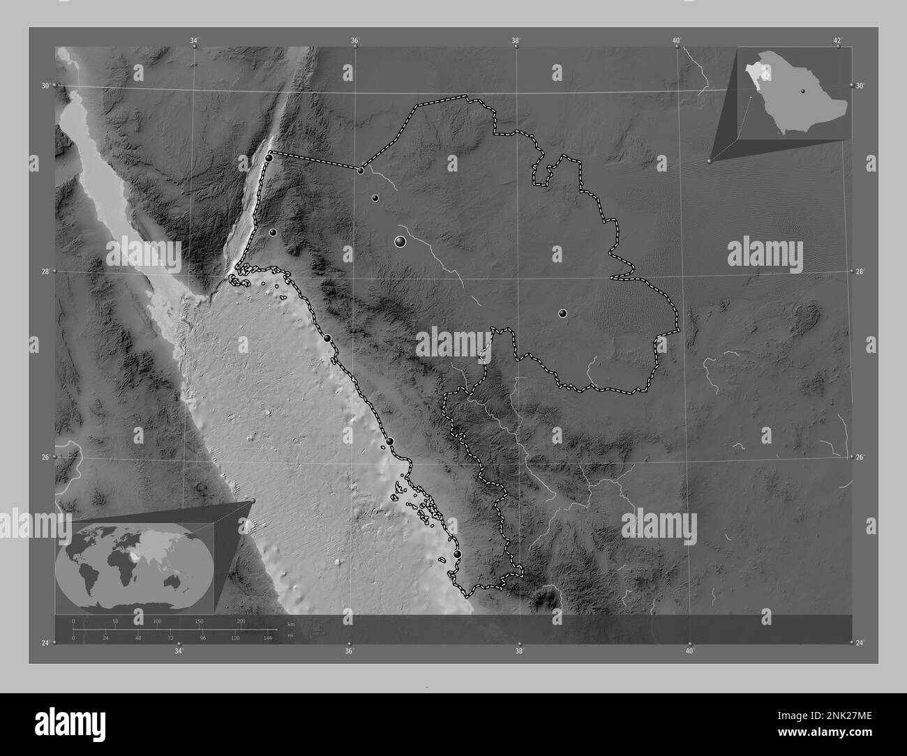 Tabuk Region Of Saudi Arabia Grayscale Elevation Map With Lakes And Rivers Locations Of Major