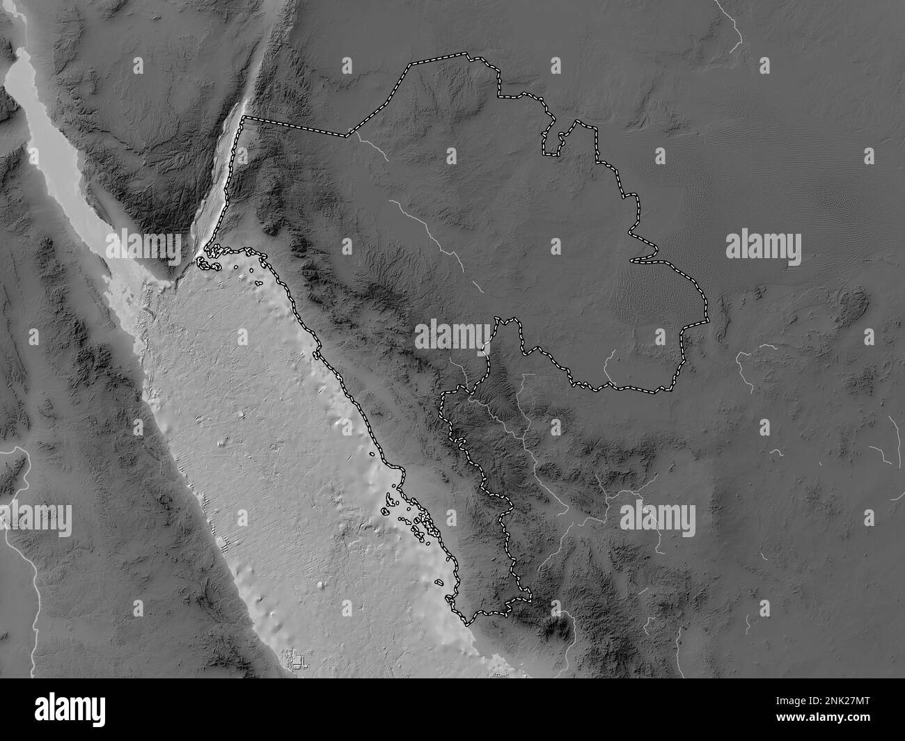 Tabuk, region of Saudi Arabia. Grayscale elevation map with lakes and ...