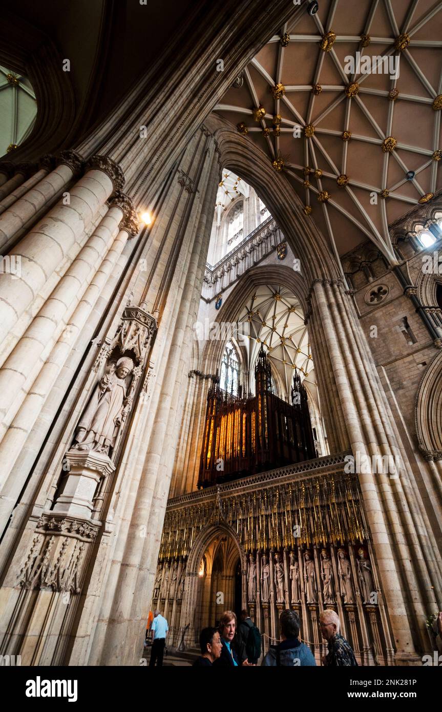 Rood Screen, vaulted roof, organ finials and pointed Gothic arches of ...