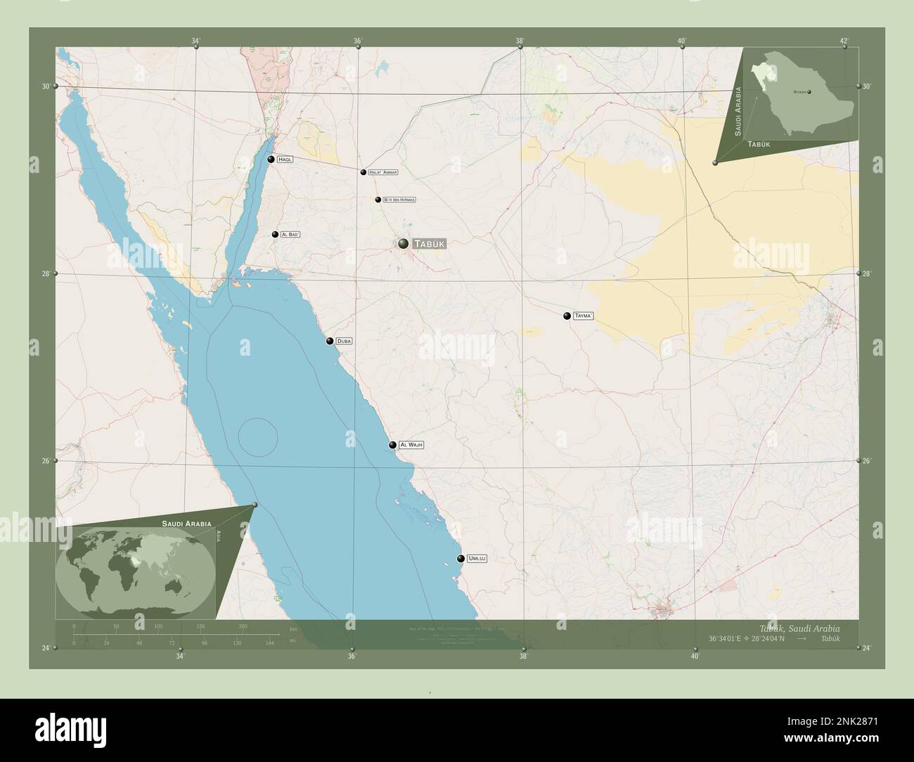 Tabuk, region of Saudi Arabia. Open Street Map. Locations and names of ...