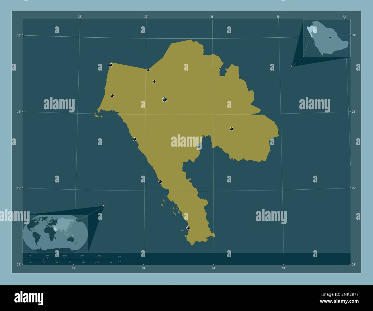 Tabuk, region of Saudi Arabia. Solid color shape. Locations of major ...