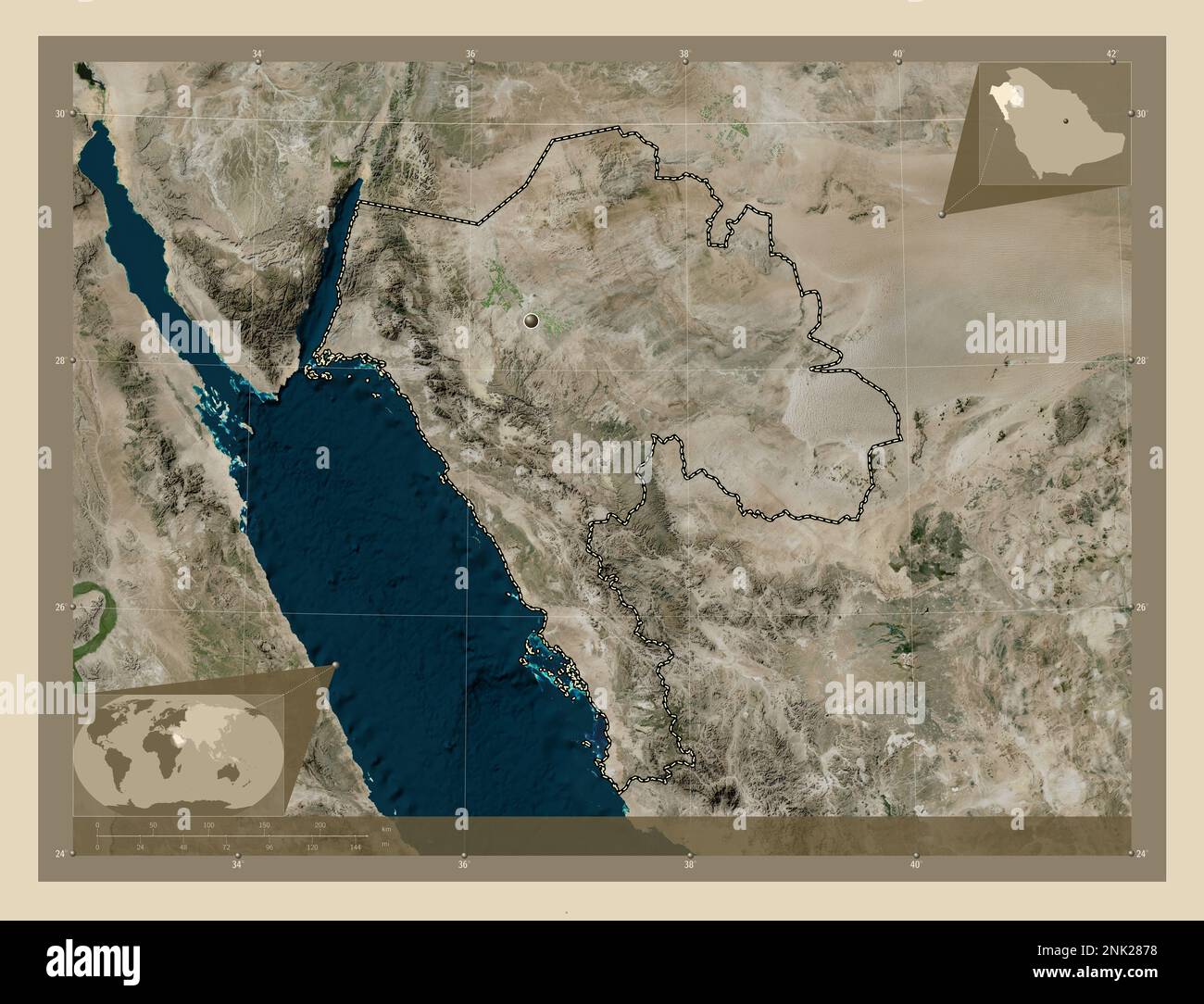Tabuk, region of Saudi Arabia. High resolution satellite map. Corner ...