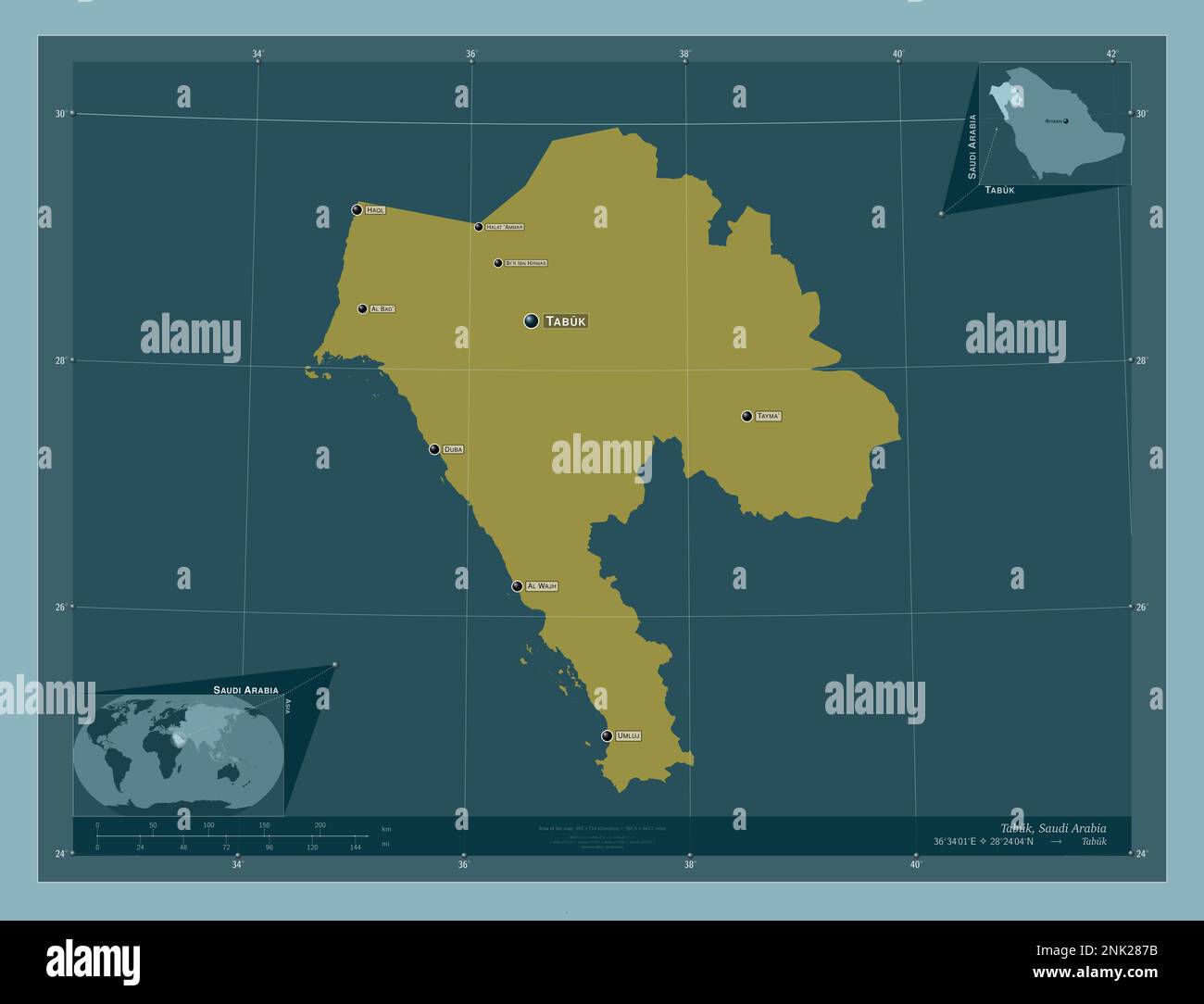 Tabuk, region of Saudi Arabia. Solid color shape. Locations and names ...
