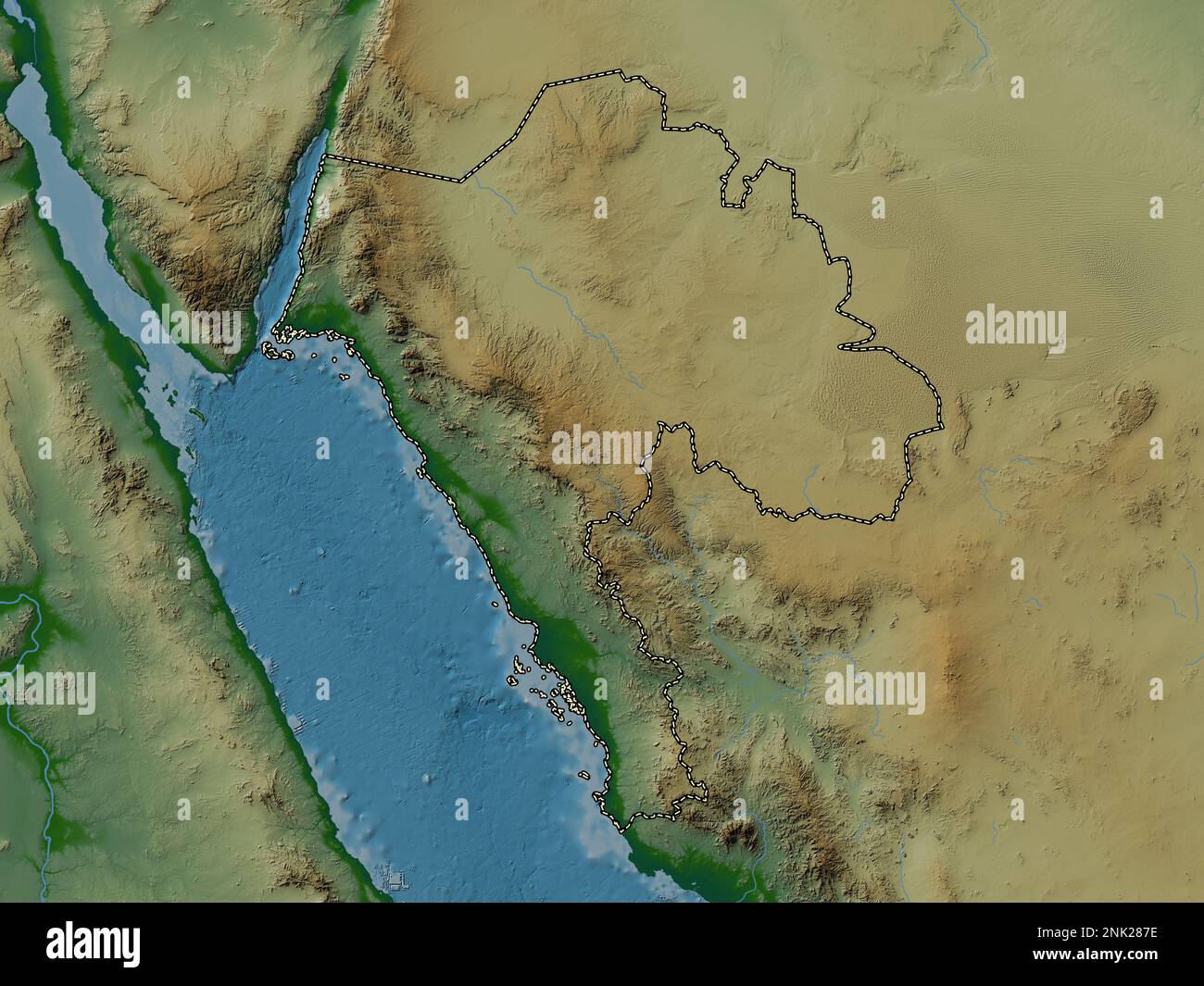 Tabuk, region of Saudi Arabia. Colored elevation map with lakes and ...