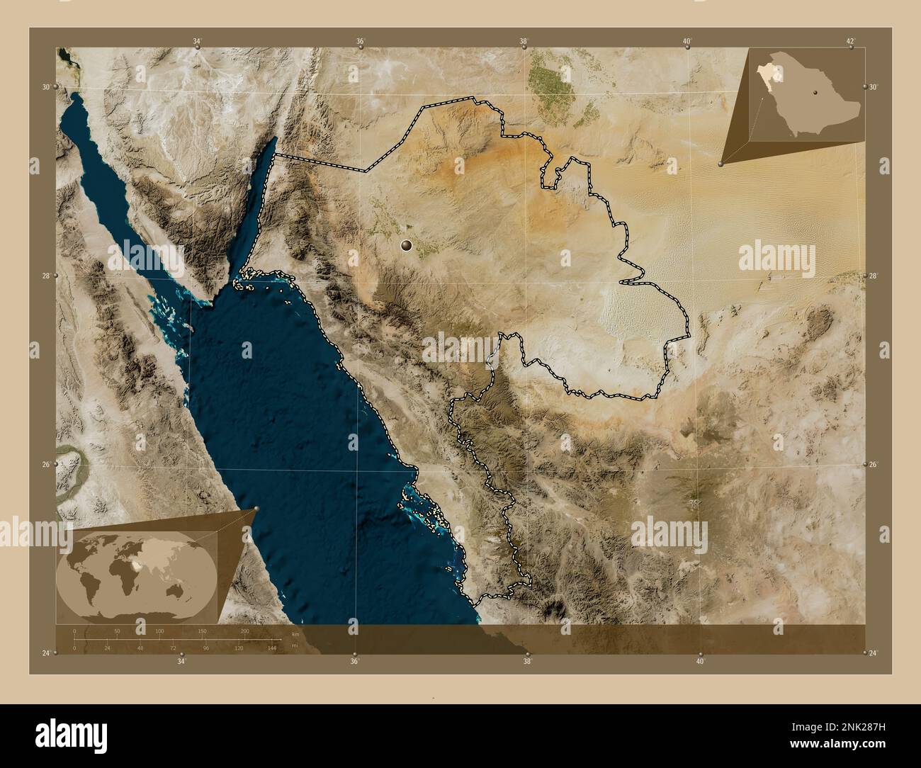 Tabuk, region of Saudi Arabia. Low resolution satellite map. Corner ...