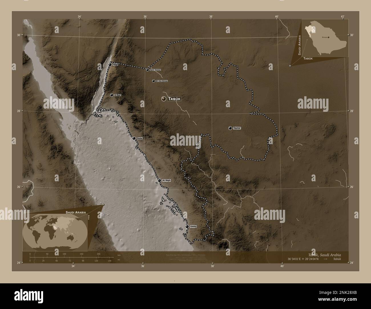 Tabuk, region of Saudi Arabia. Elevation map colored in sepia tones ...